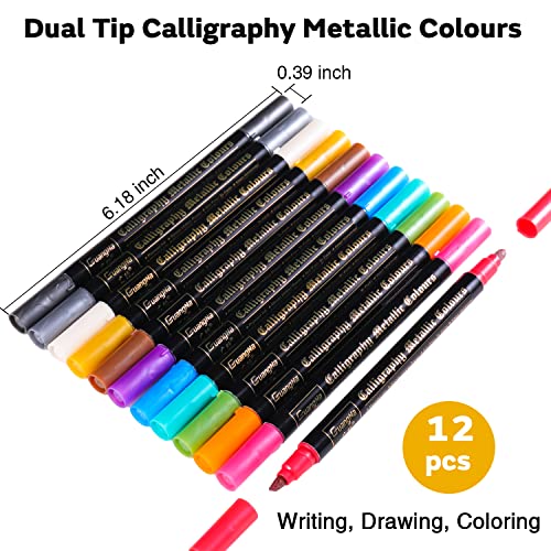 Sunshilor Calligraphy Metallic Marker Pens Dual Tip Chisel and Medium Point Pens for Black Paper, Rock Painting, Easter Egg, Halloween Pumpkin, Card Making, Metal, Ceramics, Wine Glass