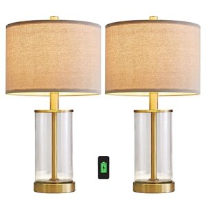 BOBOMOMO 20.2" Bronzer Table Lamp Set of 2 for Living Room Modern Lamp for Living Room Glass Nightstand Lamp with 1 USB Charging Ports, Nautical Lamp(Shell Not Included)