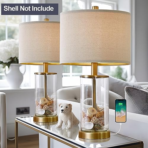 BOBOMOMO 20.2" Bronzer Table Lamp Set of 2 for Living Room Modern Lamp for Living Room Glass Nightstand Lamp with 1 USB Charging Ports, Nautical Lamp(Shell Not Included)