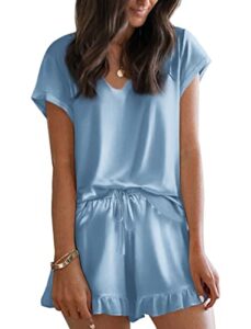 ekouaer silk pajamas set for women satin short sleeve sleepwear v neck sleep set 2 piece pj set light blue large