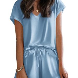 Ekouaer Silk Pajamas Set for Women Satin Short Sleeve Sleepwear V Neck Sleep Set 2 Piece Pj Set Light Blue Large