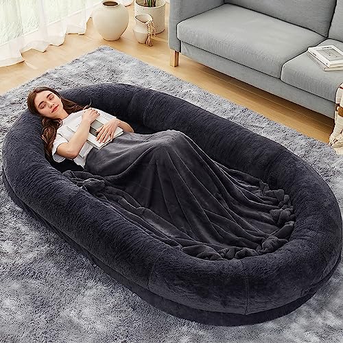 DOGKE Large Human Dog Bed, 260GSM Luxury Fur Human Size Dog Bed for People,Waterproof Washable Giant Dog Bed for Human,Human Dog Bed for People Adults and Pets, Present Soft Blanket(72"x48"x10",Grey)