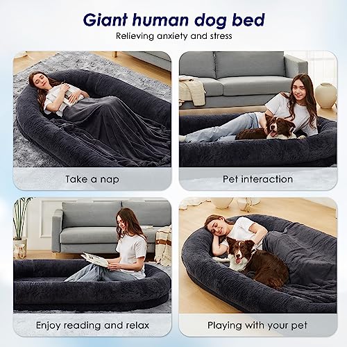 DOGKE Large Human Dog Bed, 260GSM Luxury Fur Human Size Dog Bed for People,Waterproof Washable Giant Dog Bed for Human,Human Dog Bed for People Adults and Pets, Present Soft Blanket(72"x48"x10",Grey)