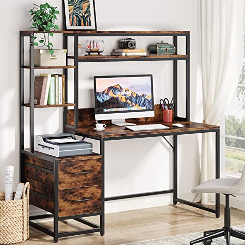 Tribesigns 55 Inch Computer Desk with 2 Drawers and Storage Shelves, Rustic Office Desk with Hutch, Study Writing Gaming Table Laptop Workstation for Home Office (Brown)