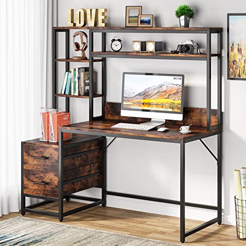 Tribesigns 55 Inch Computer Desk with 2 Drawers and Storage Shelves, Rustic Office Desk with Hutch, Study Writing Gaming Table Laptop Workstation for Home Office (Brown)