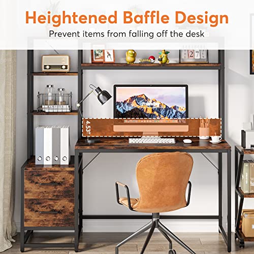 Tribesigns 55 Inch Computer Desk with 2 Drawers and Storage Shelves, Rustic Office Desk with Hutch, Study Writing Gaming Table Laptop Workstation for Home Office (Brown)