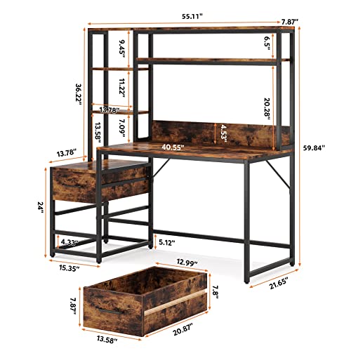 Tribesigns 55 Inch Computer Desk with 2 Drawers and Storage Shelves, Rustic Office Desk with Hutch, Study Writing Gaming Table Laptop Workstation for Home Office (Brown)