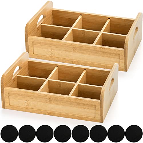 ZENFUN 2 Pack Bamboo Teabag Organizer Box, 6 Compartments Teabag Storage Container with Handle, Divided Sugar Packet Holder, Square Coffee Condiment Organizer Great for Coffee, Snacks, Small Items