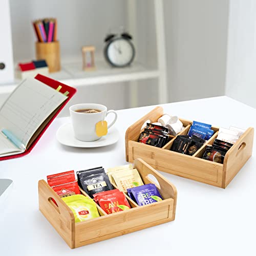 ZENFUN 2 Pack Bamboo Teabag Organizer Box, 6 Compartments Teabag Storage Container with Handle, Divided Sugar Packet Holder, Square Coffee Condiment Organizer Great for Coffee, Snacks, Small Items