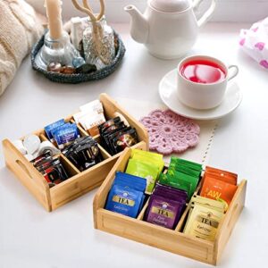 ZENFUN 2 Pack Bamboo Teabag Organizer Box, 6 Compartments Teabag Storage Container with Handle, Divided Sugar Packet Holder, Square Coffee Condiment Organizer Great for Coffee, Snacks, Small Items