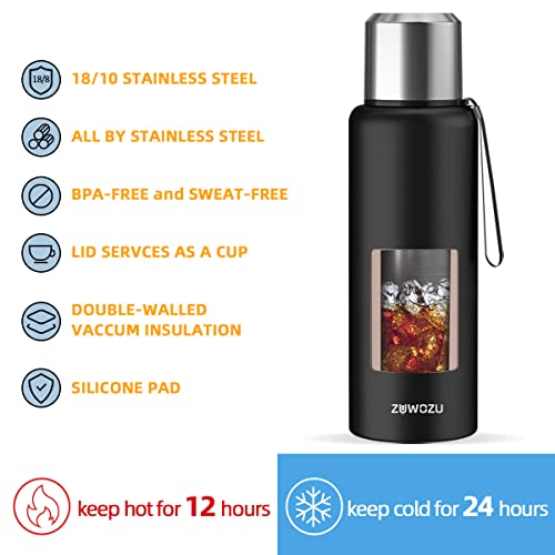 ZUWOZU Coffee Thermos Water Bottle, 32oz Insulated Water Bottle with Handle, Double Walled Vaccum, 18/10 Stainless Steel Water Bottles for School (Black, 32oz)