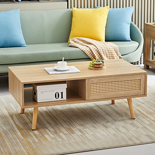 Mid Century Modern Coffee Table with Storage, 41.3 Inch Rectangle Wooden Accent Center Sofa Table with Sliding PE Rattan Woven Door Panel and Solid Wood Legs, Suitable for Living Room, Apartment