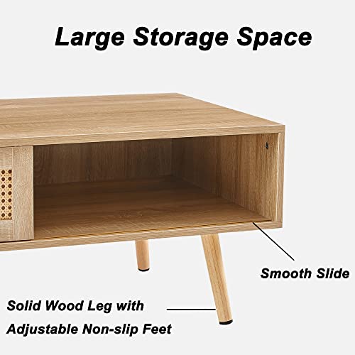 Mid Century Modern Coffee Table with Storage, 41.3 Inch Rectangle Wooden Accent Center Sofa Table with Sliding PE Rattan Woven Door Panel and Solid Wood Legs, Suitable for Living Room, Apartment