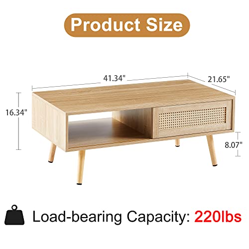 Mid Century Modern Coffee Table with Storage, 41.3 Inch Rectangle Wooden Accent Center Sofa Table with Sliding PE Rattan Woven Door Panel and Solid Wood Legs, Suitable for Living Room, Apartment