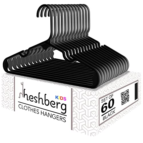 Heshberg Kids and Babies Plastic Hangers - Space-Saving, Durable, and Cute Closet Organization Solution, 60 Pack (Black)