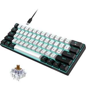 snpurdiri 60% wired mechanical gaming keyboard, ice blue led backlit 61 keys mini wired office keyboard for windows laptop pc mac (black-white, brown switches)