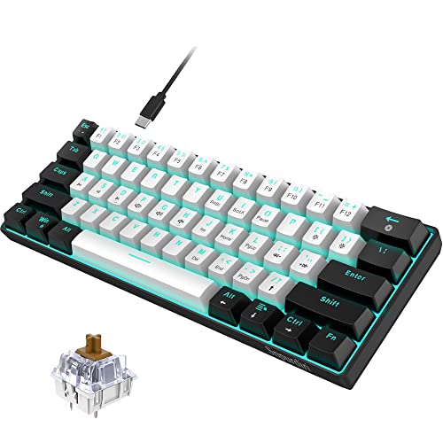 Snpurdiri 60% Wired Mechanical Gaming Keyboard, Ice Blue LED Backlit 61 Keys Mini Wired Office Keyboard for Windows Laptop PC Mac (Black-White, Brown Switches)