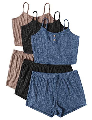 Ekouaer Sexy Loungewear Set for Womens Rib-Knit Outfits Camisole Top with Shorts Lounge Pj Set Khaki Black Plain Blue,Medium