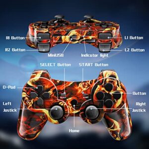 ISHAKO Wireless Controller 2 pack for PS3, Upgraded Joystick Controller for PS3 High Performance Double Shock, Touch Pad, Audio Function compatible with Playstation 3 / Pro/Slim/PC(Flame+Black Skull)