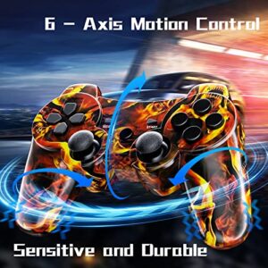 ISHAKO Wireless Controller 2 pack for PS3, Upgraded Joystick Controller for PS3 High Performance Double Shock, Touch Pad, Audio Function compatible with Playstation 3 / Pro/Slim/PC(Flame+Black Skull)