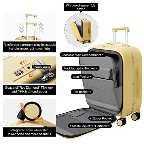 Luggage Suitcase with Spinner Wheels, 24'' Checked Travel Luggage Aluminum Frame PC Hardside with TSA Lock & Cover-Lark Yellow