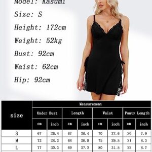 Queenfox Lingerie for Women Sexy Nightgowns Lace Modal Babydoll Chemise V-Neck Side Slit Sleepwear Soft Sleep Dress Black L