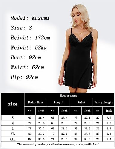 Queenfox Lingerie for Women Sexy Nightgowns Lace Modal Babydoll Chemise V-Neck Side Slit Sleepwear Soft Sleep Dress Black L