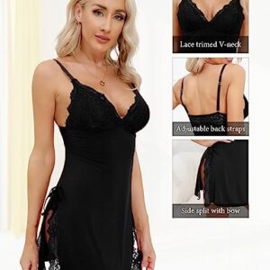 Queenfox Lingerie for Women Sexy Nightgowns Lace Modal Babydoll Chemise V-Neck Side Slit Sleepwear Soft Sleep Dress Black L