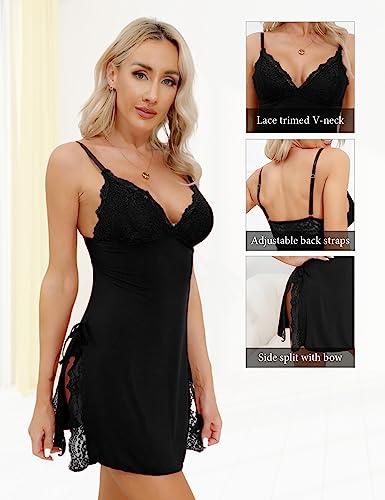 Queenfox Lingerie for Women Sexy Nightgowns Lace Modal Babydoll Chemise V-Neck Side Slit Sleepwear Soft Sleep Dress Black L