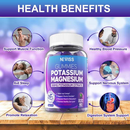 Potassium Magnesium Gummies, Sugar-Free Potassium Citrate 99mg Supplements with Magnesium Glycinate, Ashwagandha, B6 & B12 for Leg & Muscle Relaxation, Mood, Energy, Heart Health, Grape Flavor 120 Cts