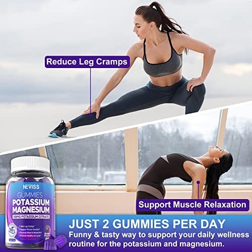 Potassium Magnesium Gummies, Sugar-Free Potassium Citrate 99mg Supplements with Magnesium Glycinate, Ashwagandha, B6 & B12 for Leg & Muscle Relaxation, Mood, Energy, Heart Health, Grape Flavor 120 Cts