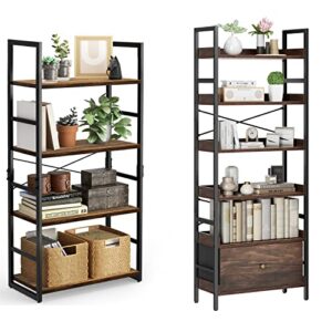 pipishell bookshelf, 6-tier bookcase with storage drawer, tall bookshelf storage rack with metal frame & wood grain finish, industrial bookshelf for living room, bedroom, and home office, pibs02wn