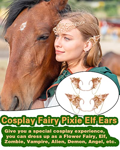 Hikkcos 3Pcs Elf Ears with Piercings Earrings Cosplay Fairy Pixie Ears Halloween Fairy Ears Soft Pointed Elf Ears Pearls Earring with Chains for Fairy Dress Up Accessories