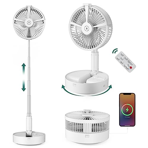 Foldable Oscillating Standing Fan with Remote Control: 8" Portable Rechargeable Misting Table Fans, 7200mah Quiet Collapsible Desk Fan, Floor Pedestal Fan for Cooling Bedroom Office Camping Travel