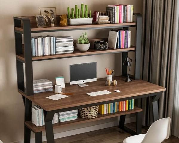 Leconte Computer Desk with Hutch, 47” Writing Study Table + Book and Storage Shelves, Space Saving Home Office Workstation, Brown