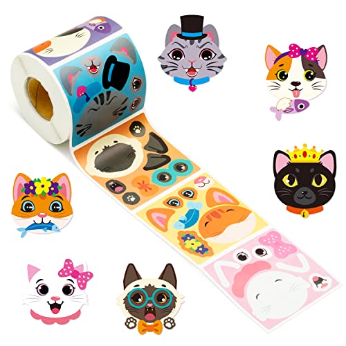 Haooryx 300pcs Cat Theme Make A Face Scene Sticker Roll, Make Your Own Kitty Decorative Sticker Decals Cute Cat Mixed and Match Self-Adhesive Sticker Scrapbook Laptop Decor Kid’s Party Favor Supplies