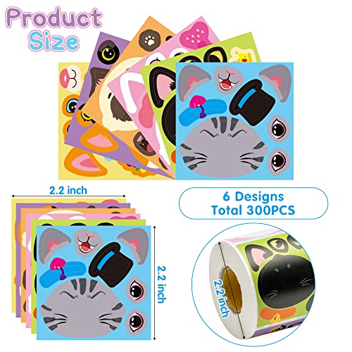 Haooryx 300pcs Cat Theme Make A Face Scene Sticker Roll, Make Your Own Kitty Decorative Sticker Decals Cute Cat Mixed and Match Self-Adhesive Sticker Scrapbook Laptop Decor Kid’s Party Favor Supplies