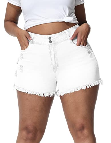 ALLEGRACE Sexy Plus Size Denim Shorts Women Distressed High Waist Shorts with Pockets 759 White 14W