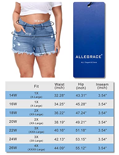 ALLEGRACE Sexy Plus Size Denim Shorts Women Distressed High Waist Shorts with Pockets 759 White 14W