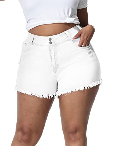 ALLEGRACE Sexy Plus Size Denim Shorts Women Distressed High Waist Shorts with Pockets 759 White 14W