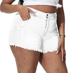 ALLEGRACE Sexy Plus Size Denim Shorts Women Distressed High Waist Shorts with Pockets 759 White 14W