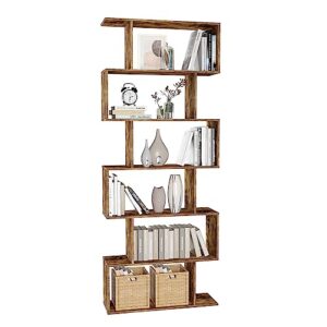 homefort wooden geometric bookshelf,6-tier s-shaped bookcase,6 shelf morden bookshelves,unique freestanding tall book shelf and book case for bedroom and living room home office,rustic brown