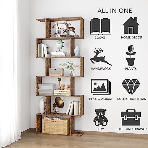 HOMEFORT Wooden Geometric Bookshelf,6-Tier S-Shaped Bookcase,6 Shelf Morden Bookshelves,Unique Freestanding Tall Book Shelf and Book Case for Bedroom and Living Room Home Office,Rustic Brown