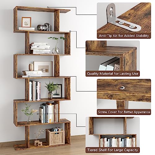 HOMEFORT Wooden Geometric Bookshelf,6-Tier S-Shaped Bookcase,6 Shelf Morden Bookshelves,Unique Freestanding Tall Book Shelf and Book Case for Bedroom and Living Room Home Office,Rustic Brown