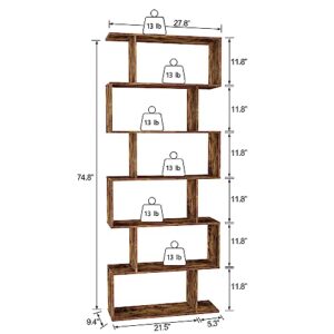 HOMEFORT Wooden Geometric Bookshelf,6-Tier S-Shaped Bookcase,6 Shelf Morden Bookshelves,Unique Freestanding Tall Book Shelf and Book Case for Bedroom and Living Room Home Office,Rustic Brown