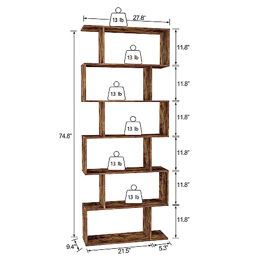 HOMEFORT Wooden Geometric Bookshelf,6-Tier S-Shaped Bookcase,6 Shelf Morden Bookshelves,Unique Freestanding Tall Book Shelf and Book Case for Bedroom and Living Room Home Office,Rustic Brown