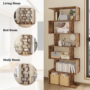 HOMEFORT Wooden Geometric Bookshelf,6-Tier S-Shaped Bookcase,6 Shelf Morden Bookshelves,Unique Freestanding Tall Book Shelf and Book Case for Bedroom and Living Room Home Office,Rustic Brown