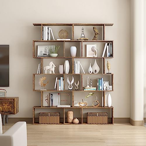 HOMEFORT Wooden Geometric Bookshelf,6-Tier S-Shaped Bookcase,6 Shelf Morden Bookshelves,Unique Freestanding Tall Book Shelf and Book Case for Bedroom and Living Room Home Office,Rustic Brown