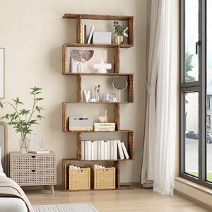 HOMEFORT Wooden Geometric Bookshelf,6-Tier S-Shaped Bookcase,6 Shelf Morden Bookshelves,Unique Freestanding Tall Book Shelf and Book Case for Bedroom and Living Room Home Office,Rustic Brown