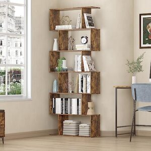 HOMEFORT Wooden Geometric Bookshelf,6-Tier S-Shaped Bookcase,6 Shelf Morden Bookshelves,Unique Freestanding Tall Book Shelf and Book Case for Bedroom and Living Room Home Office,Rustic Brown